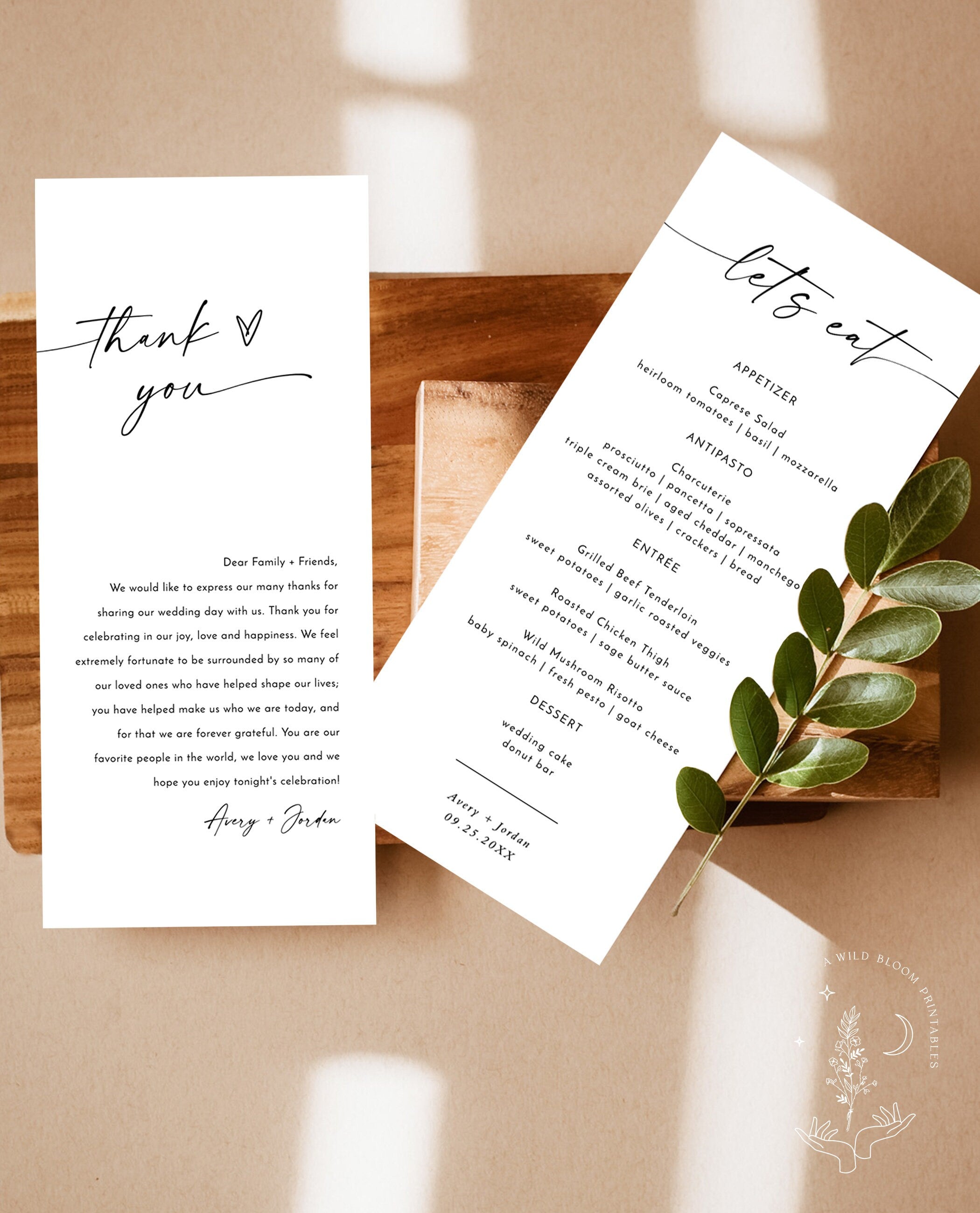 Minimalist Menu + Thank You Letter Template | Wedding Napkin Note | We ...