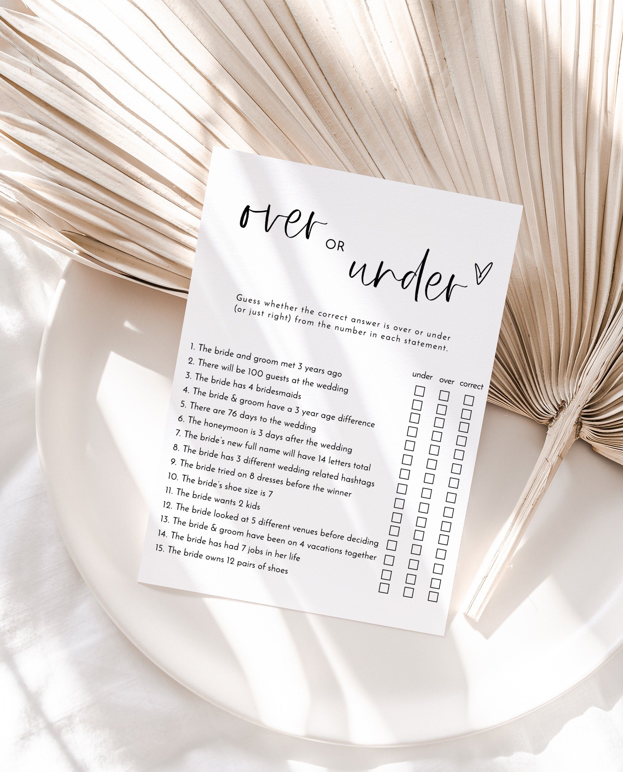 Over or Under Bridal Shower Game, Minimalist Bridal Shower, Modern Bri ...