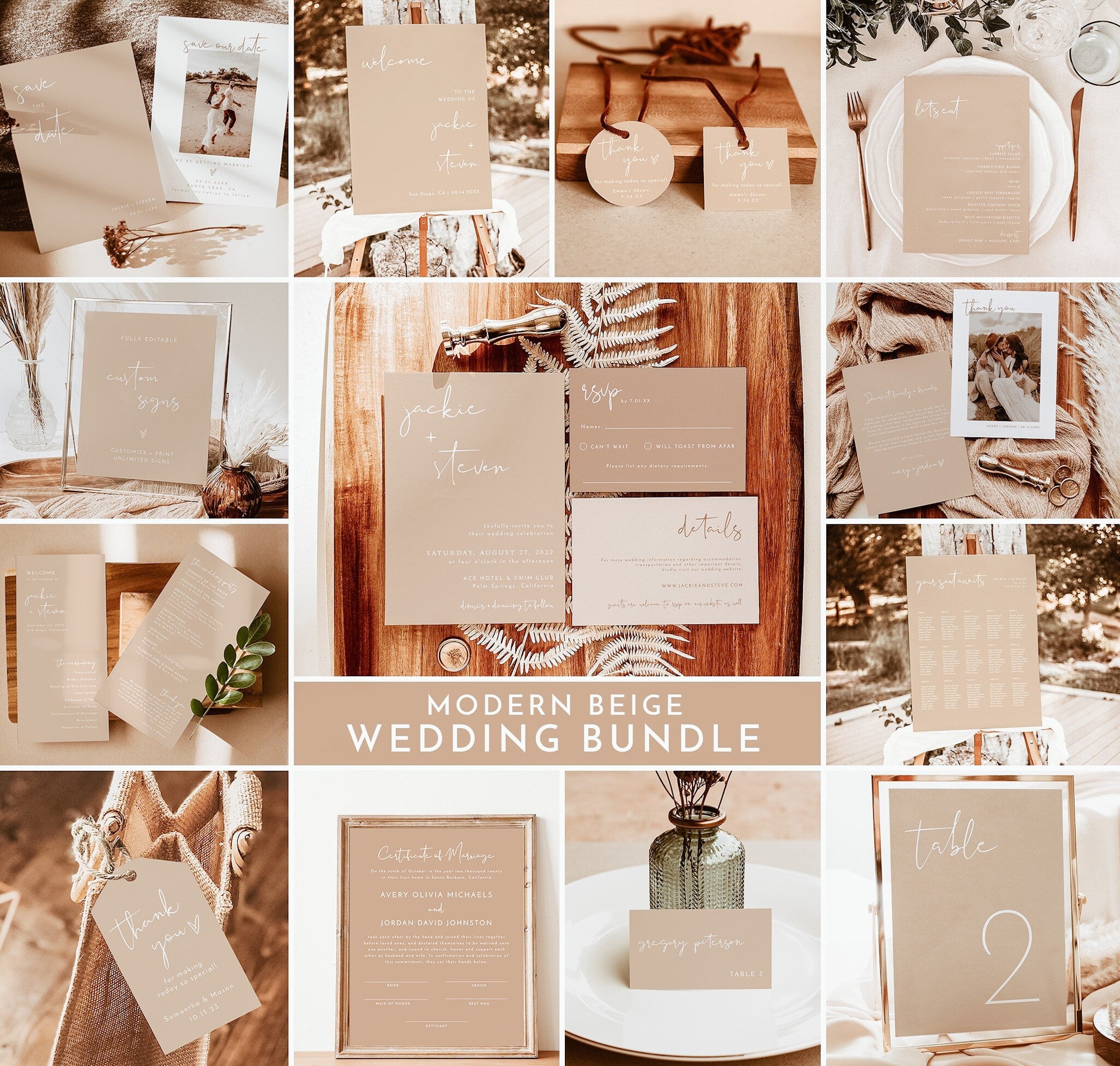 Modern Beige Wedding Bundle Template | Editable Minimalist Wedding Tem ...