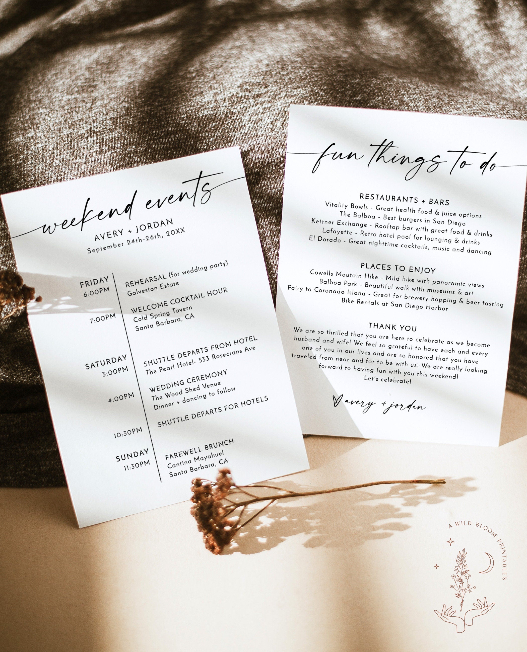 Minimalist Wedding Events Card | Modern Weekend Events – Wild Bloom ...